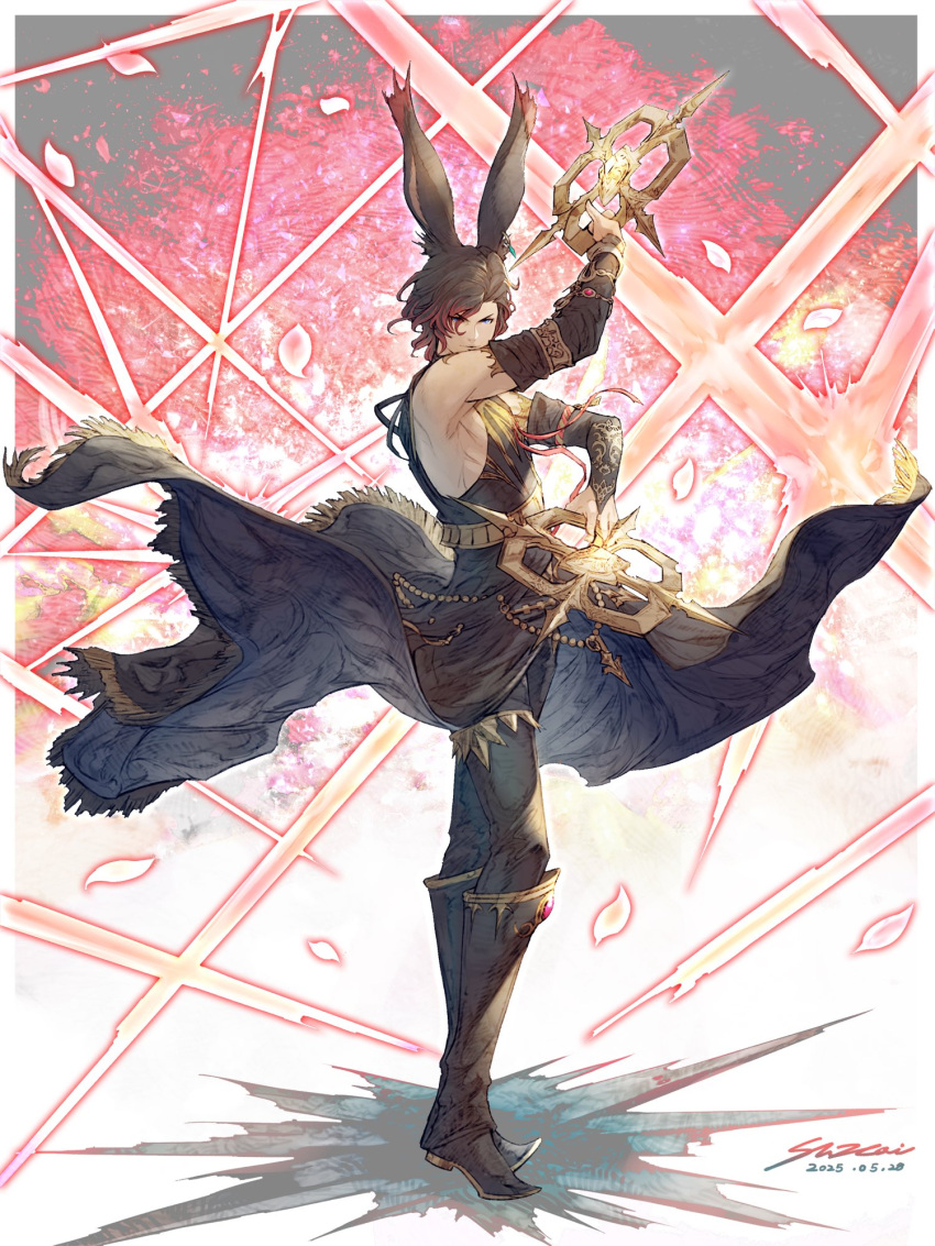 Safebooru - 1boy animal ears artist name bare shoulders black boots black hair blue eyes boots ...