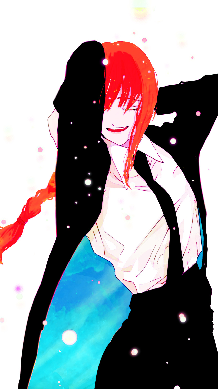 Safebooru - 1girl absurdres arms up black coat black necktie black pants braid braided ponytail ...