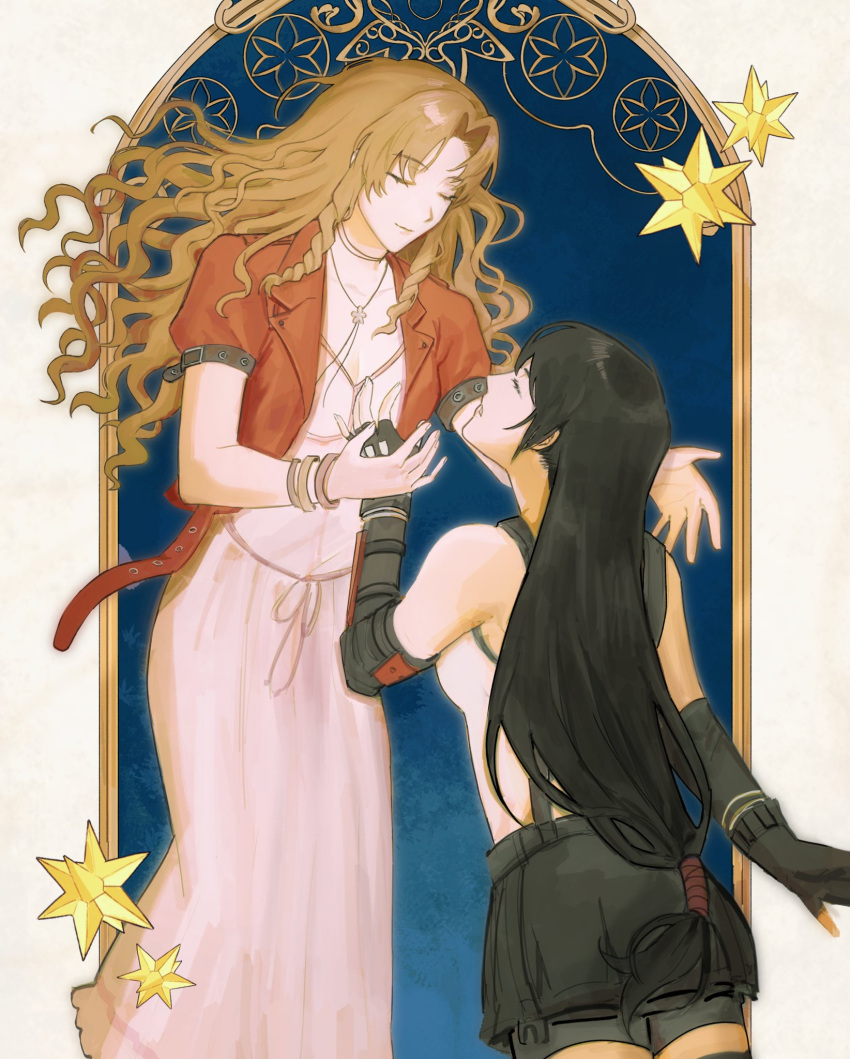 Safebooru - 2girls aerith gainsborough bangle bare shoulders black gloves black hair black ...