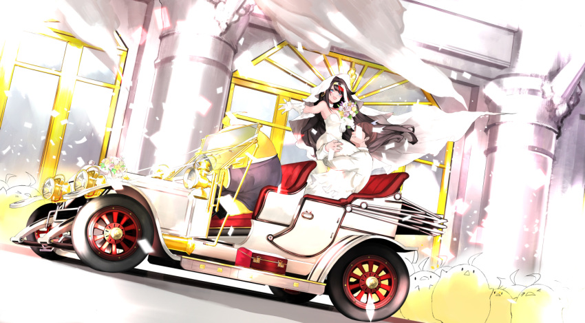 Safebooru - 1boy 1girl azur lane bangs bare shoulders black hair blue eyes bouquet breasts bride ...