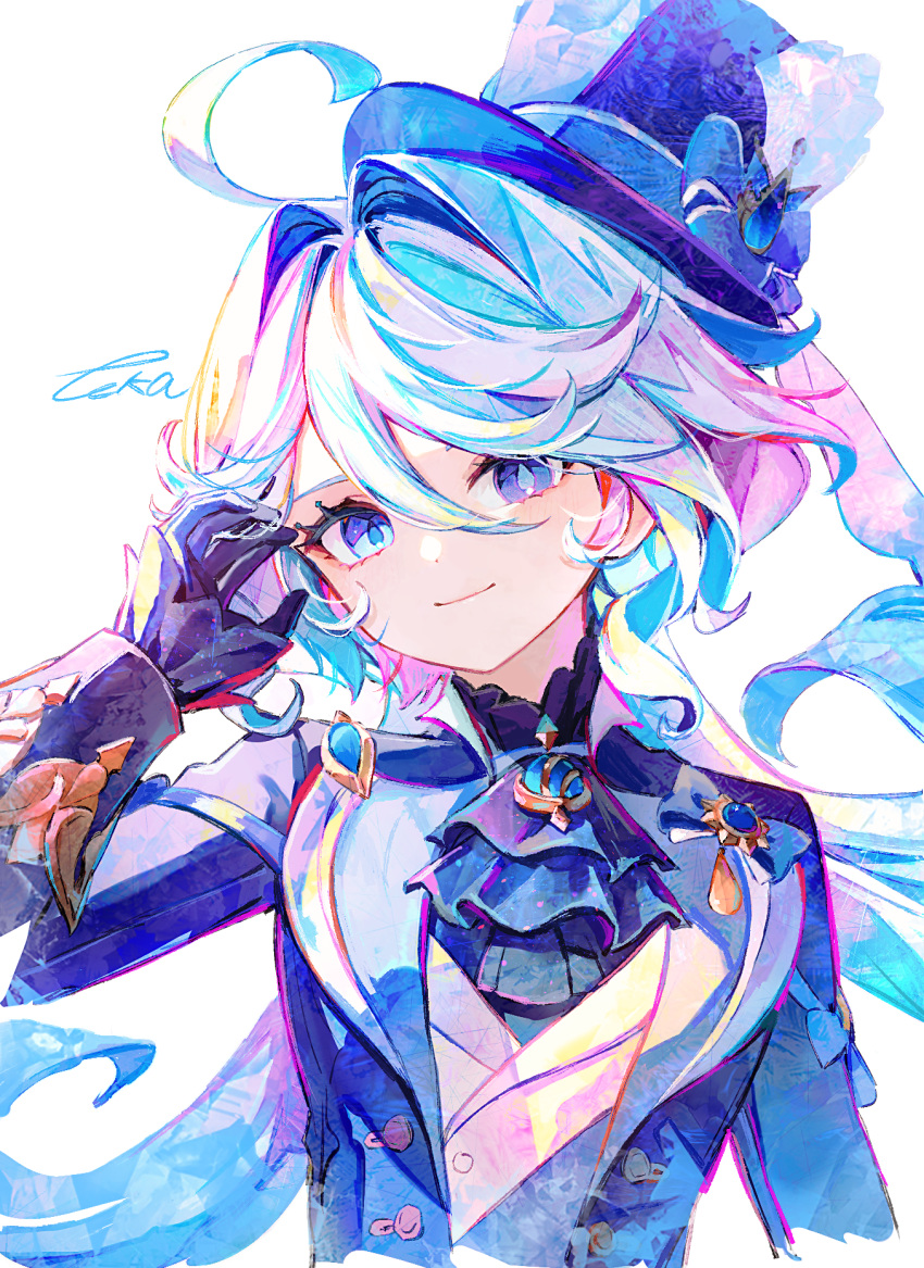 Safebooru - 1girl ahoge ascot black gloves blue ascot blue bow blue eyes blue gemstone blue hair ...