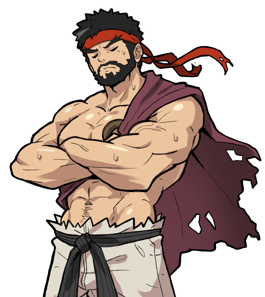 Safebooru - 1boy abs absurdres beard belt black belt black hair cape closed eyes collarbone ...