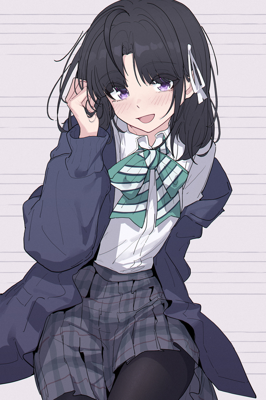 Safebooru - 1girl ahoge awa subaru black hair black pantyhose blue bow blue bowtie blue jacket ...