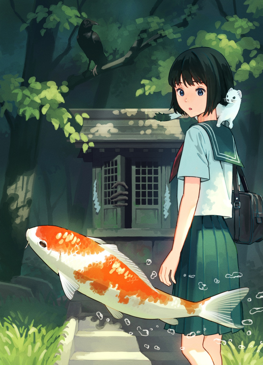 Safebooru - 1girl animal arm at side bag bird black hair crow dappled ...