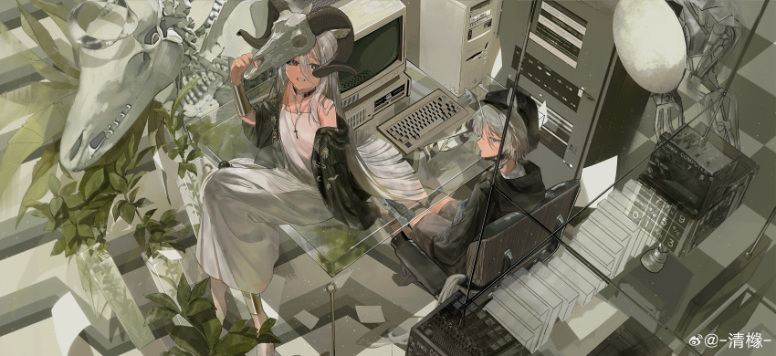 Safebooru - absurdres computer couple dress glasses highres long hair ...