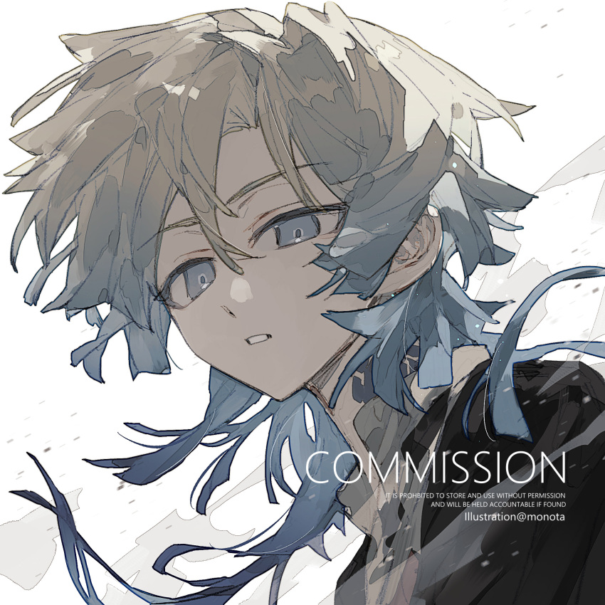 Safebooru - 1boy blue eyes blue lock english text hair between eyes highres looking at viewer ...