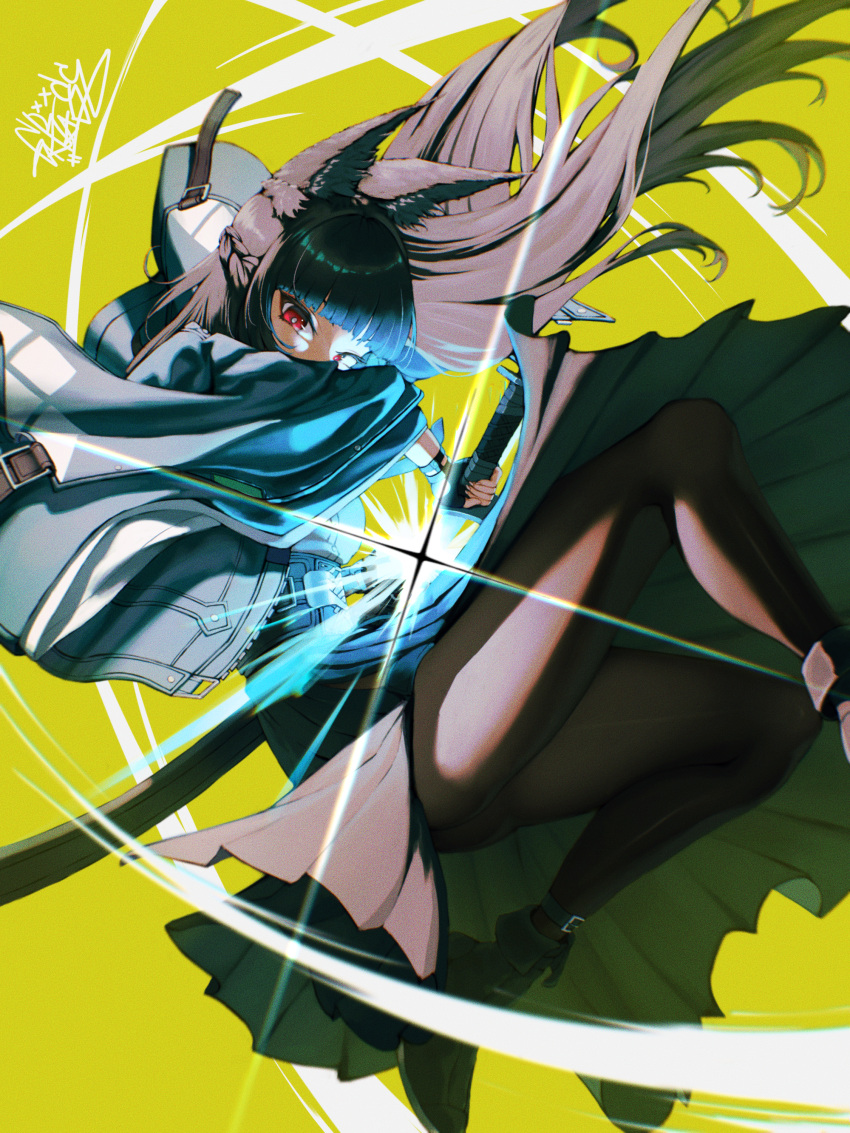 Safebooru - 1girl absurdres animal ear fluff animal ears aqua jacket black hair black pantyhose ...