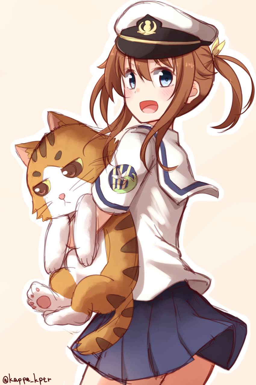 Safebooru - 1girl :d animal blue eyes blush brown hair cat cowboy shot ...