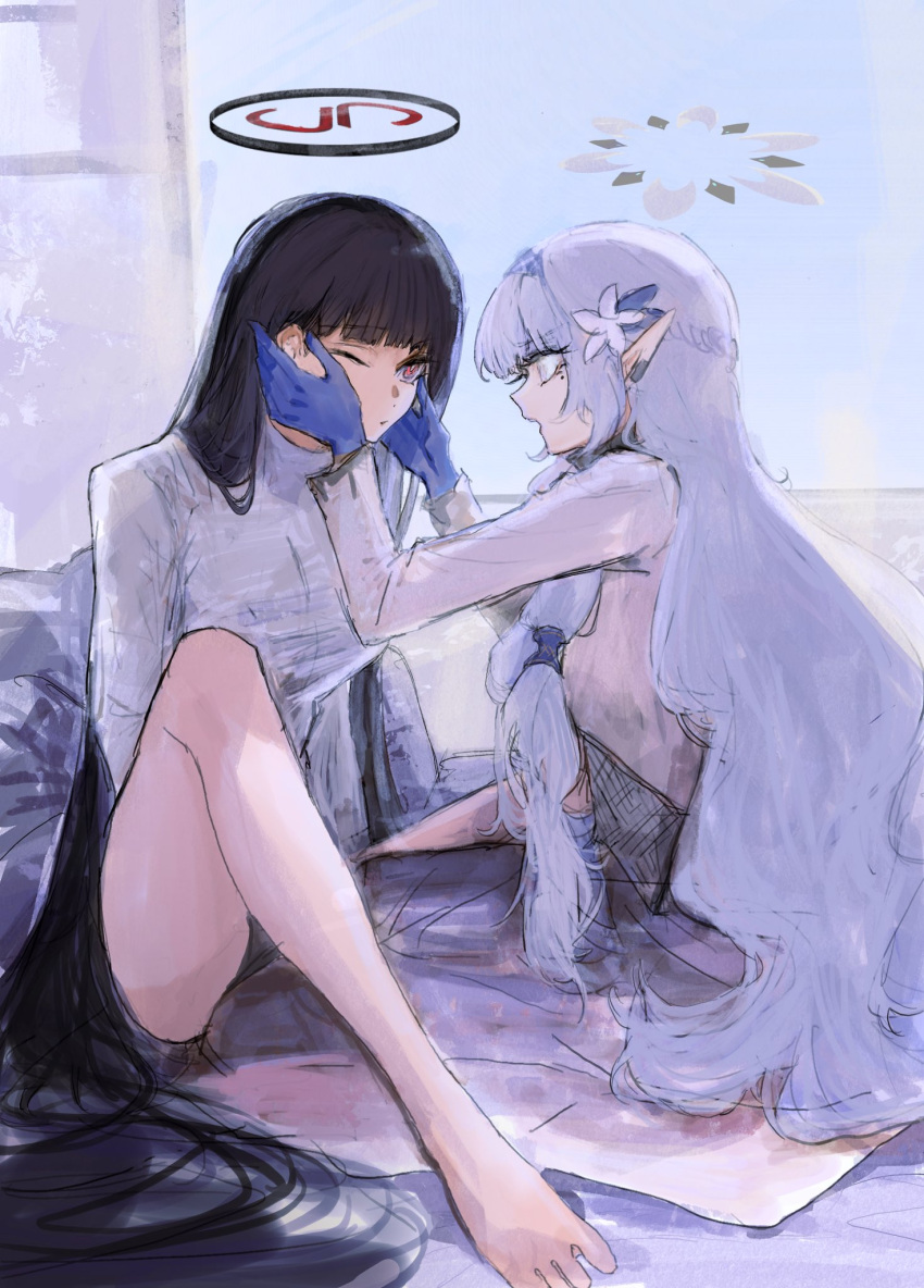 Safebooru - 2girls black hair blue archive blue gloves breasts bright pupils cheek squash eye ...