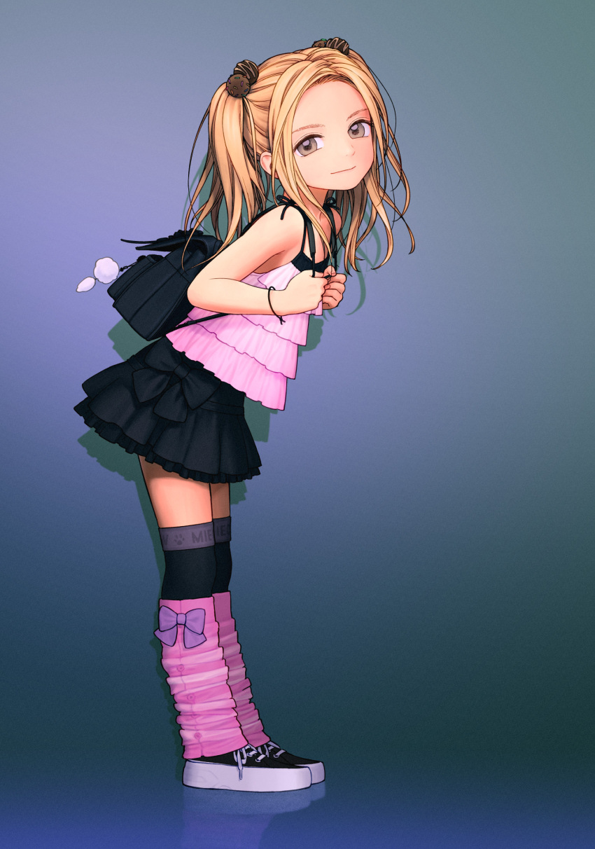 Safebooru - 1girl backpack bag black skirt blonde hair bow brown eyes child frilled skirt frills ...