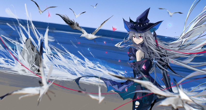 Safebooru - 1girl angelfish aqua hat arknights arm cuffs ascot bare shoulders beach bird black ...