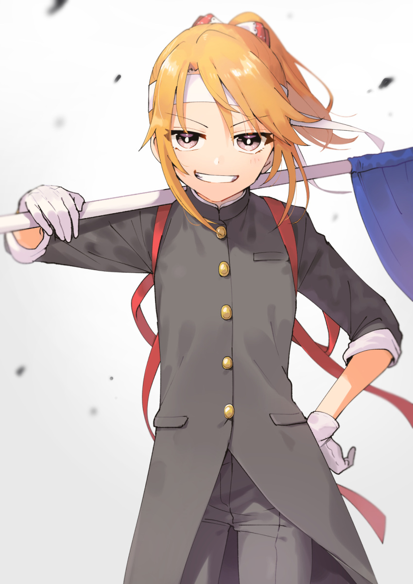 Safebooru - 1girl blue flag gakuran gloves grey jacket grey pants grin ...