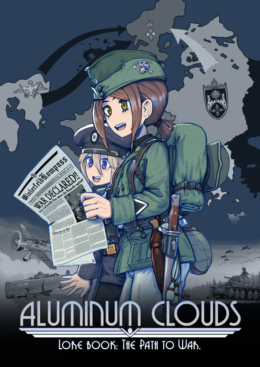 Safebooru 2girls Absurdres Aircraft Airplane Airship Bayonet Bedroll