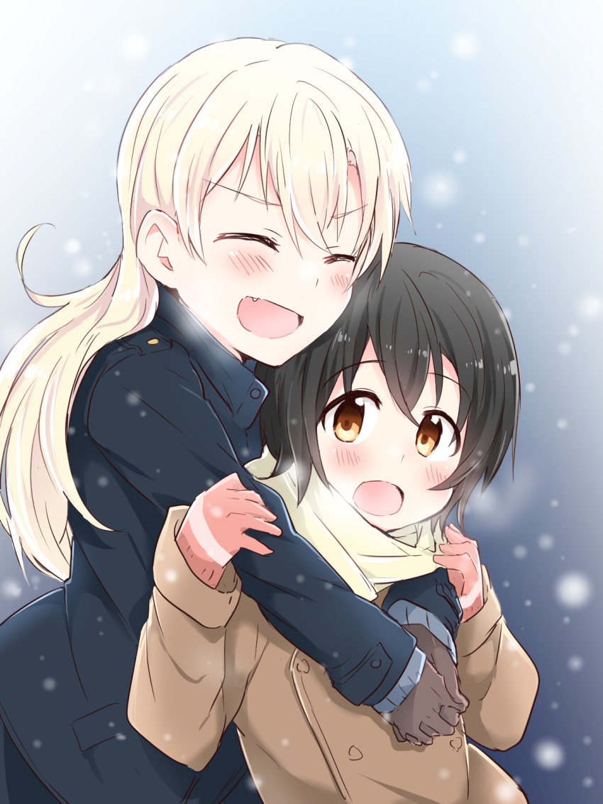 Safebooru - 2girls alternate costume black hair blonde hair brown eyes closed eyes coat gloves ...
