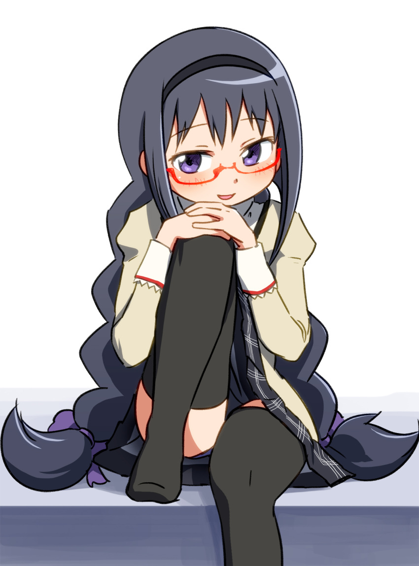 Safebooru - 1girl akemi homura alternate legwear blush braid glasses hairband highres knee up ...