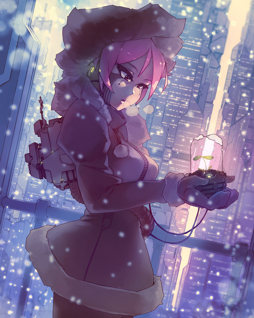 Safebooru 1girl Backpack Bag Breasts Coat Cold Cyberpunk Cyborg Globe