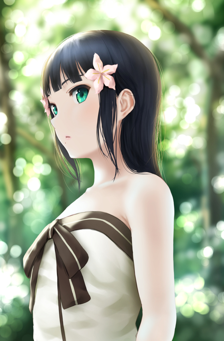 Safebooru - 1girl bangs bare shoulders black bow black hair blunt bangs blurry blurry background ...
