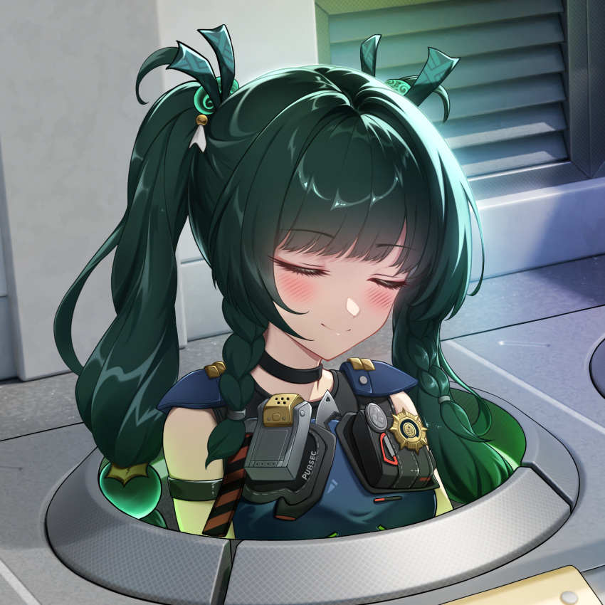 Safebooru 1girl Android Black Choker Blush Braid Choker Closed Eyes