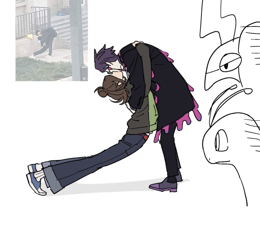 Safebooru - 1boy 1girl arched back black coat black pants brown hair ...
