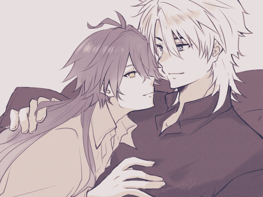 Safebooru - 2boys ahoge blue eyes closed mouth commentary flins ...