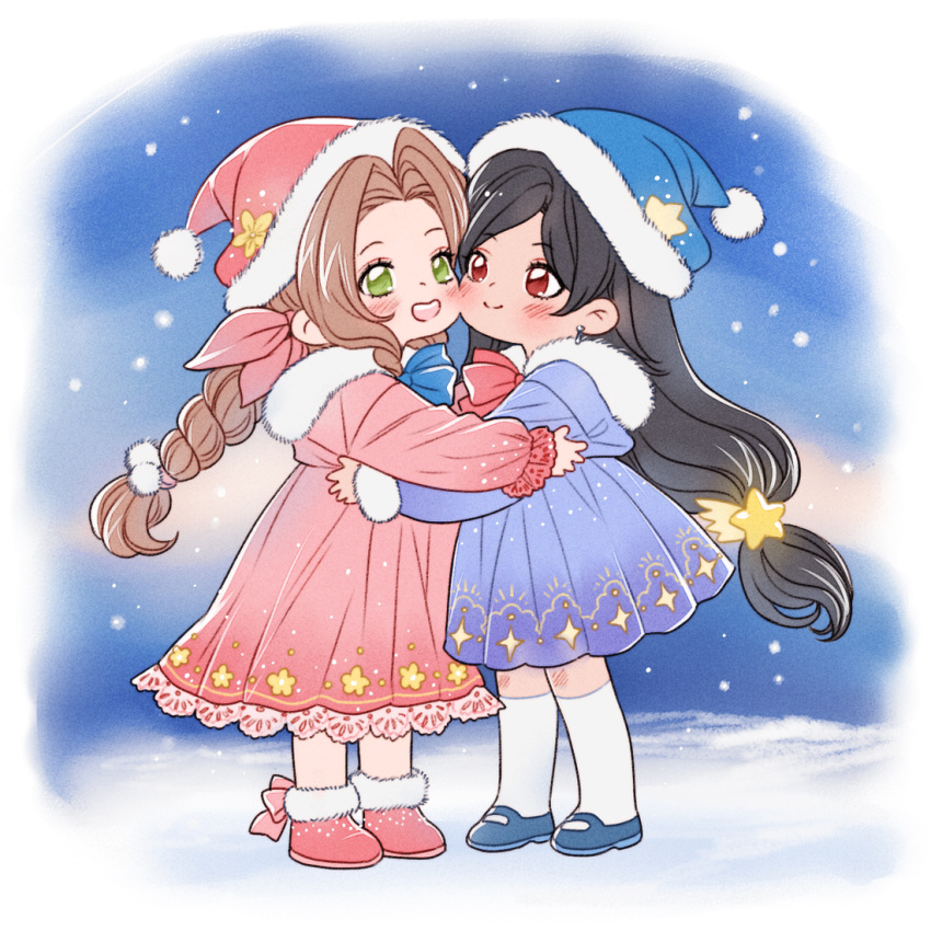 Safebooru - 2girls :d aerith gainsborough aged down black hair blue ...