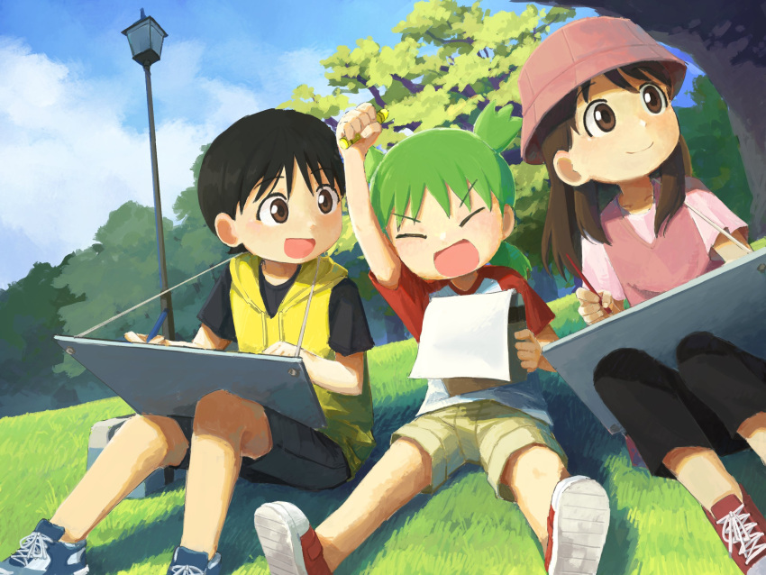 Safebooru - 3girls :d arm up ayase ena black hair black shirt blue sky ...
