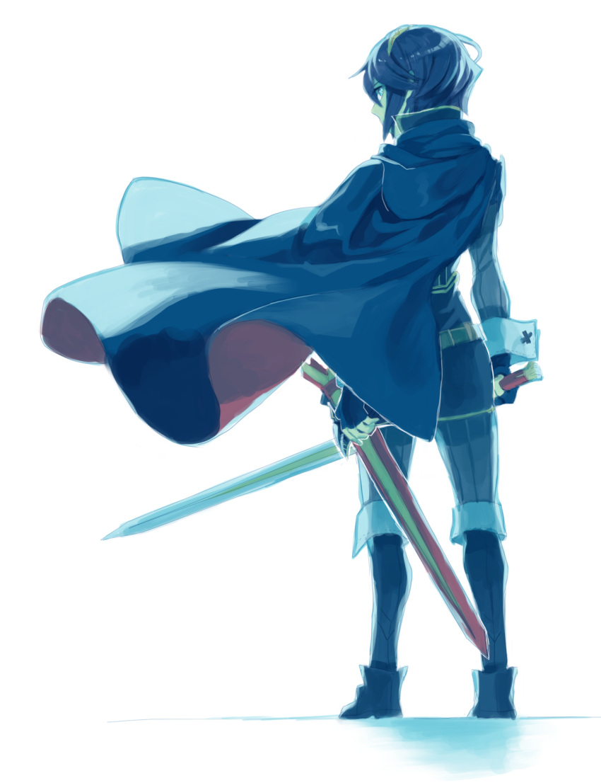 Safebooru - 1girl aisutabetao androgynous blue eyes blue hair boots cloak fingerless gloves fire ...
