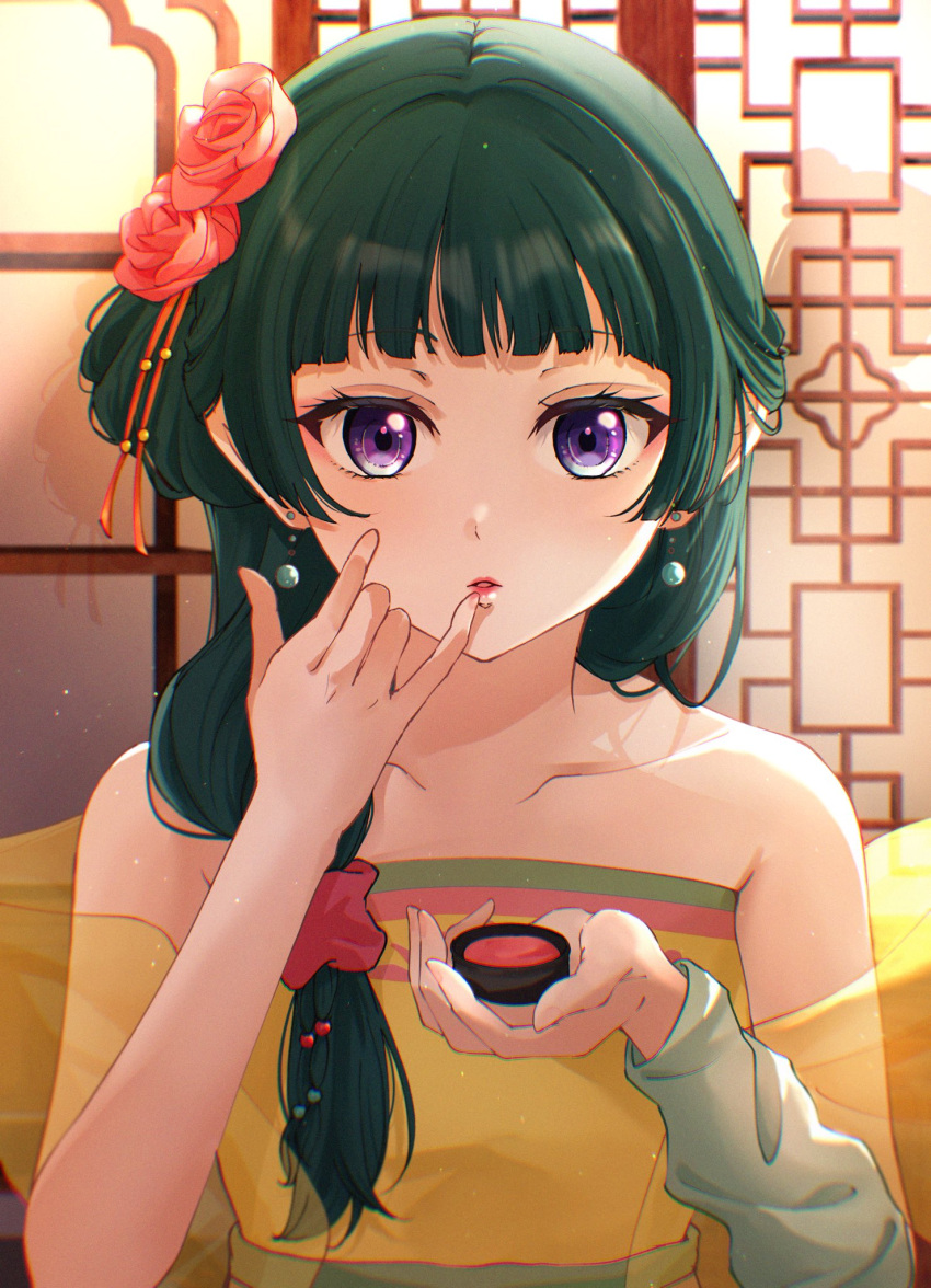 Safebooru - 1girl collarbone dress earrings flower green eyes hair ...