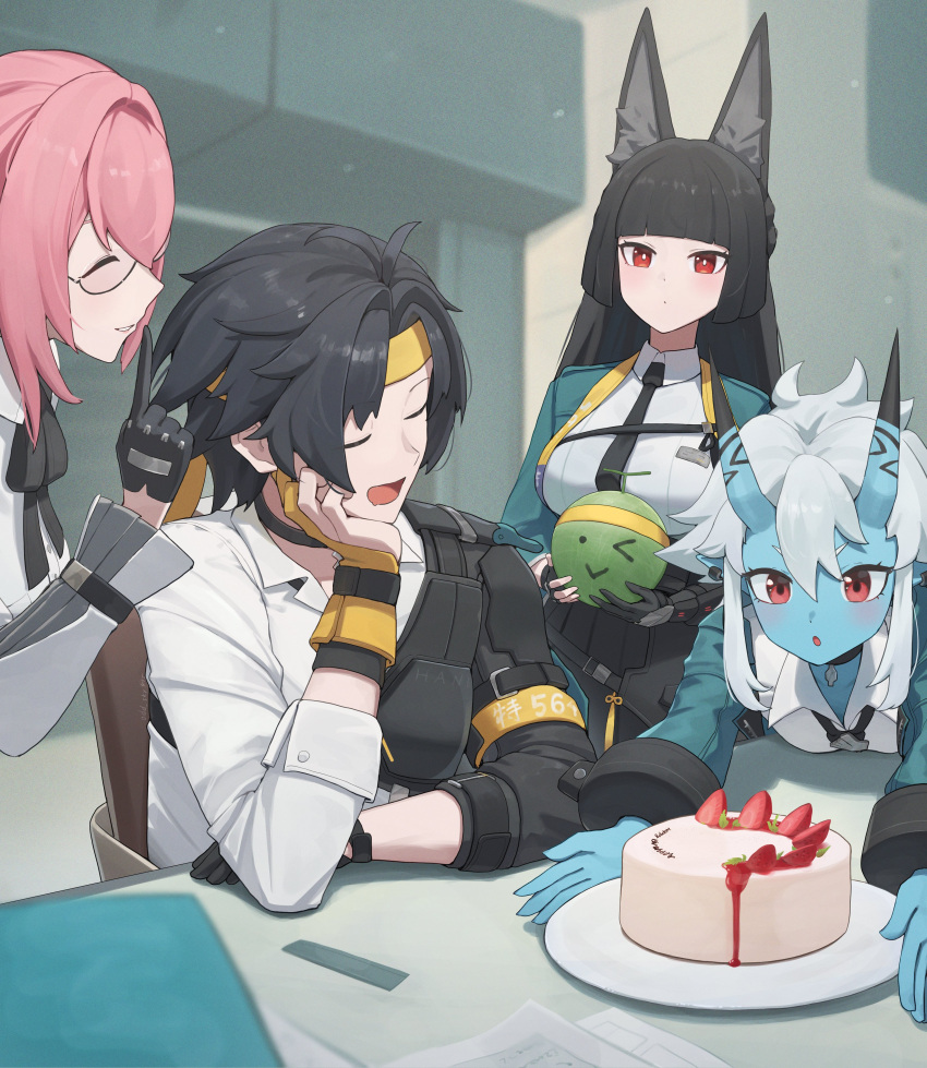 Safebooru - 1boy 3girls absurdres animal ear fluff animal ears asaba harumasa black hair blue ...