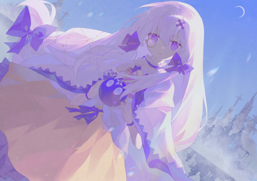 Safebooru - 1girl absurdres arcaea bow bracelet cape charon (arcaea) church cowboy shot day hair ...