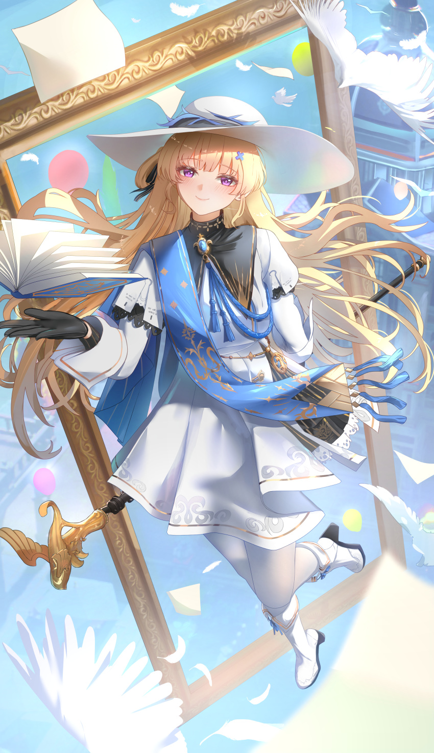 Safebooru - 1girl absurdres black collar black gloves blonde hair blue gemstone blue sash boots ...