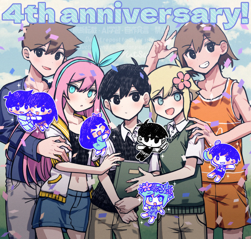 Safebooru - 3girls 6+boys alternate eye color anniversary antenna hair ...
