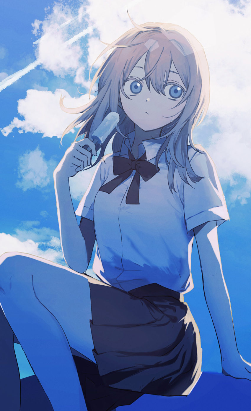 Safebooru - 1girl :/ absurdres black bow black bowtie black skirt blue eyes blue sky bow bowtie ...