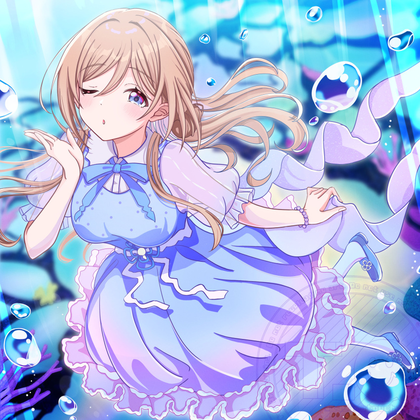 Safebooru - 1girl absurdres air bubble blue dress blue eyes blue ribbon blurry blurry background ...