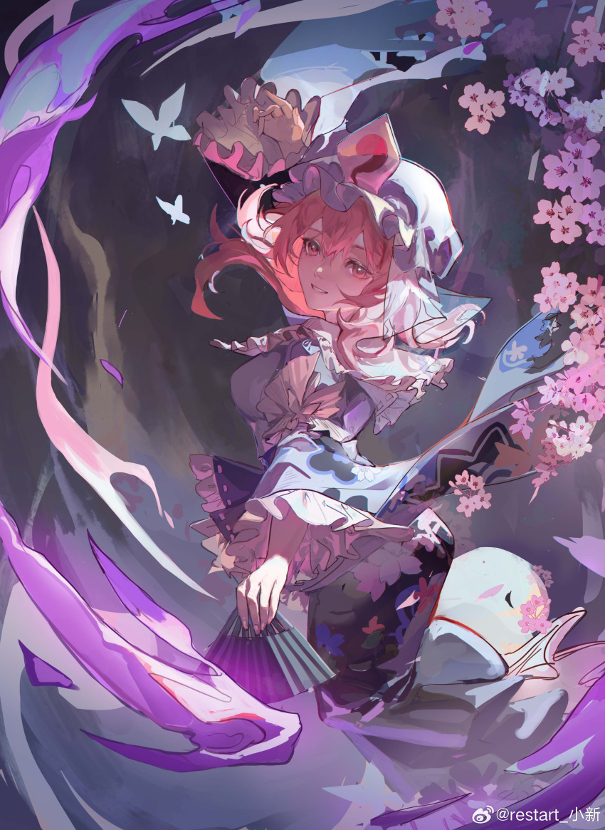 Safebooru - 1girl absurdres arm garter arm up blue hat blue kimono blue sash breasts bug ...