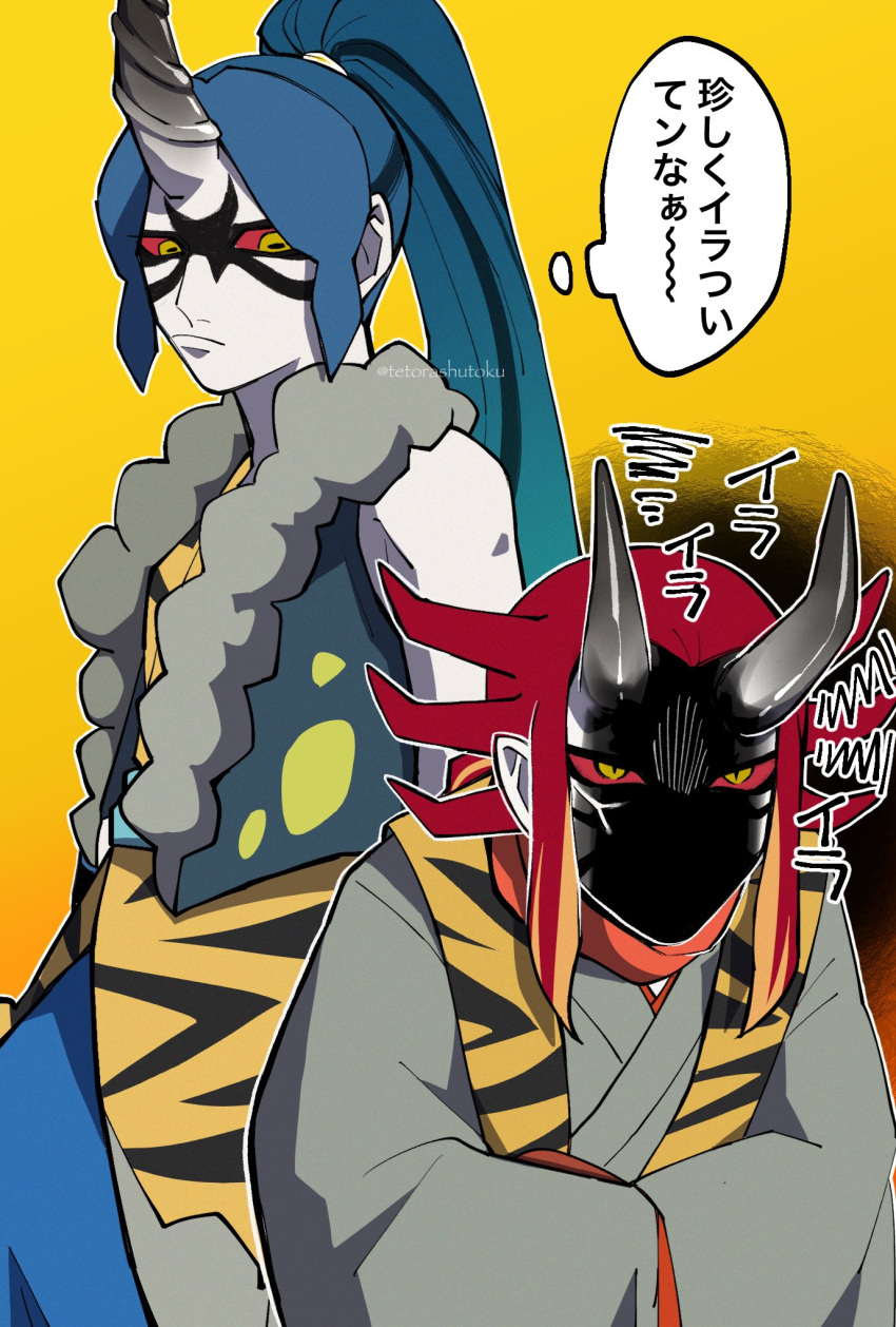 Safebooru - 2boys blue hair colored sclera highres horns long hair ...