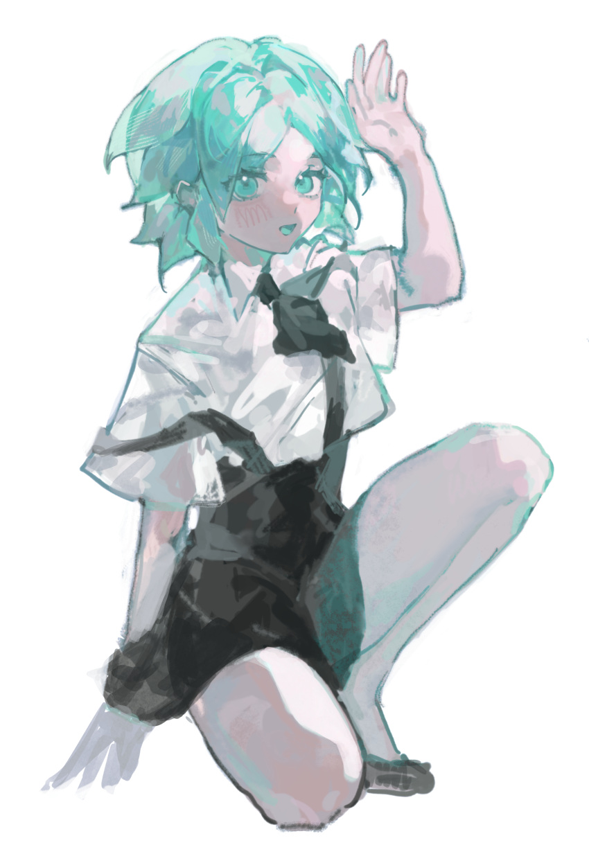 Safebooru - 1other absurdres androgynous aqua eyes aqua hair aqua tongue arm up ascot black ...