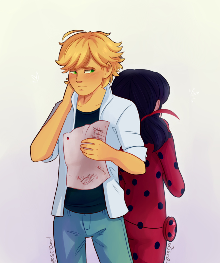 Safebooru - 1boy 1girl adrien agreste back-to-back black hair blonde ...