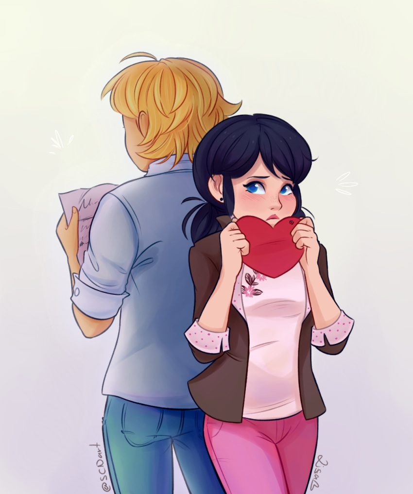 Safebooru - 1boy 1girl adrien agreste back-to-back black hair blonde hair blue eyes blush denim ...
