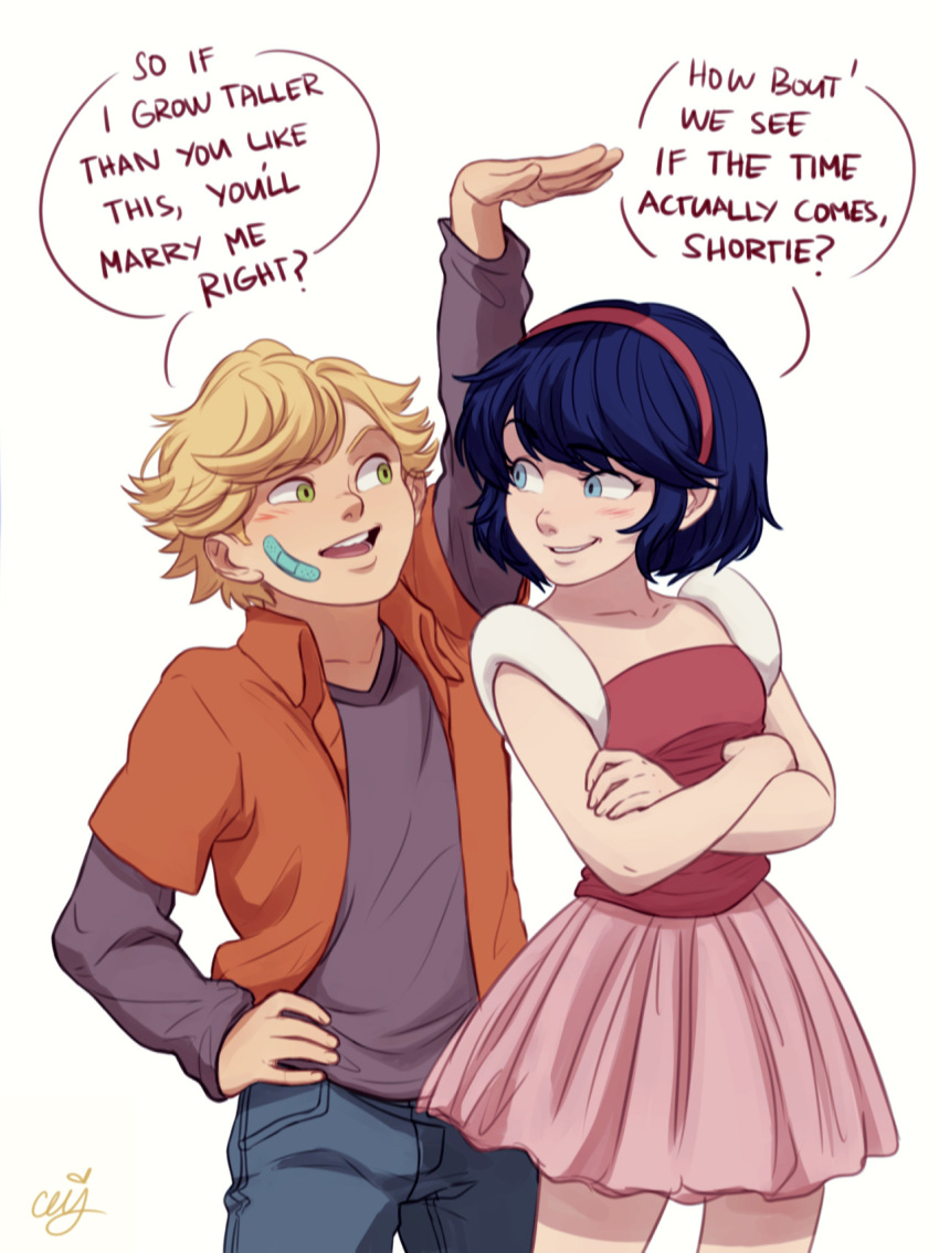 Safebooru - 1boy 1girl adrien agreste arm up bandaid bandaid on face blonde hair blue eyes blue ...