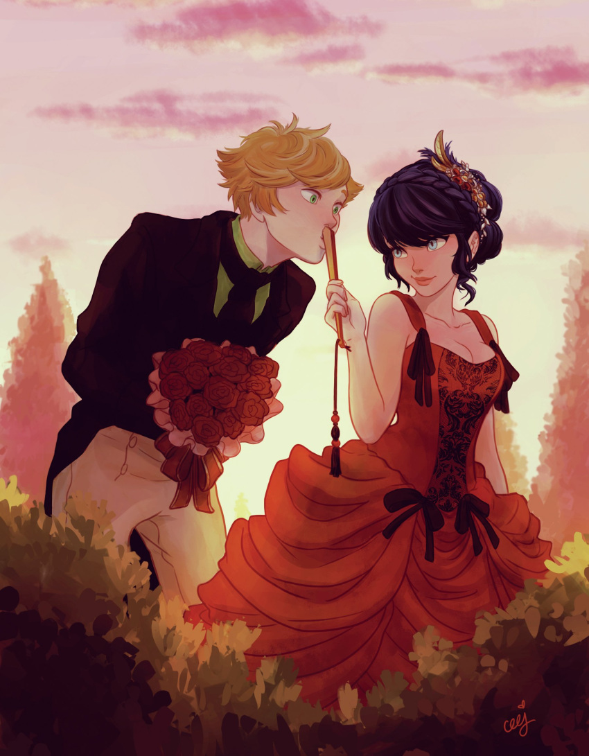 Safebooru - 1boy 1girl adrien agreste alternate hairstyle black hair blonde hair blue eyes ...