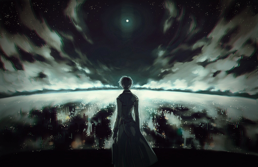 Safebooru - 1boy black coat black hair building city city lights clouds ...