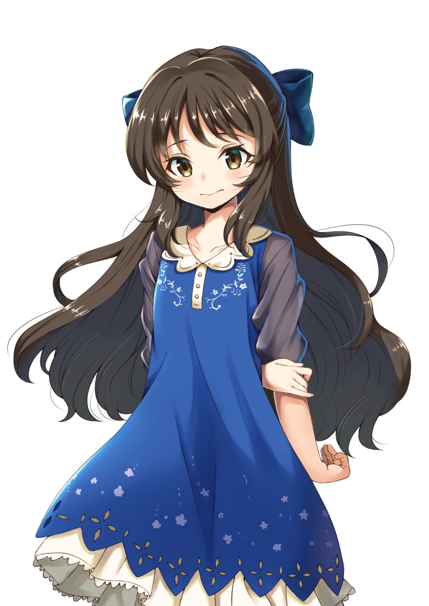 Safebooru - 1girl absurdres artist request black hair blue dress blush bow brown eyes dress hair ...