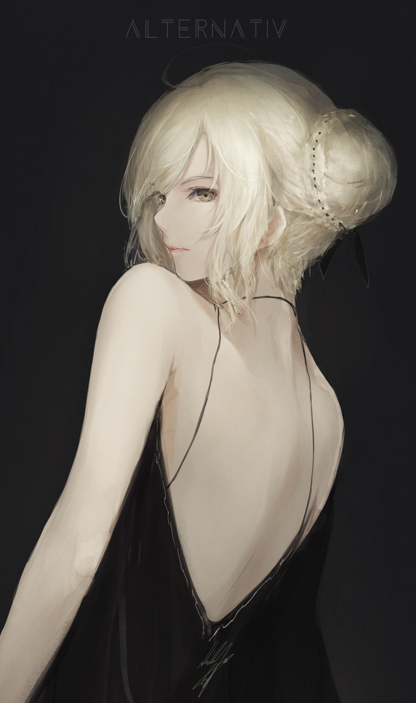 Safebooru - 1girl ahoge alternate costume bare shoulders black background black dress blonde ...
