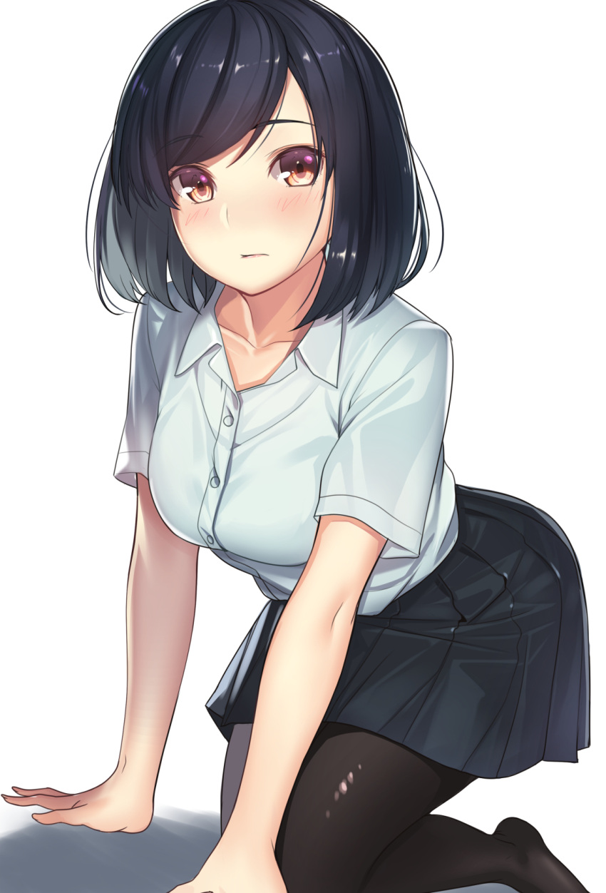 Safebooru - 1girl all fours black hair black legwear breasts brown eyes highres kagematsuri ...