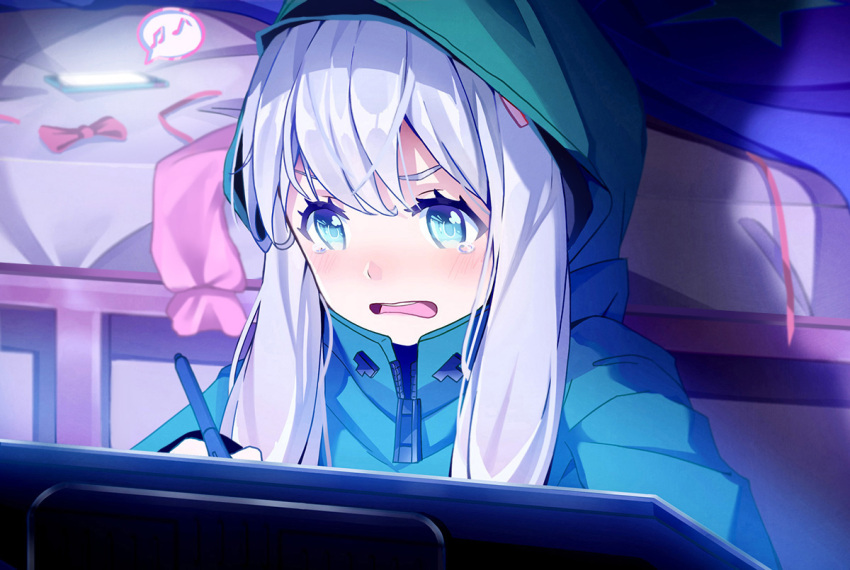 Safebooru 1girl Bangs Bed Bed Sheet Blue Eyes Blush Bow Cellphone 5686
