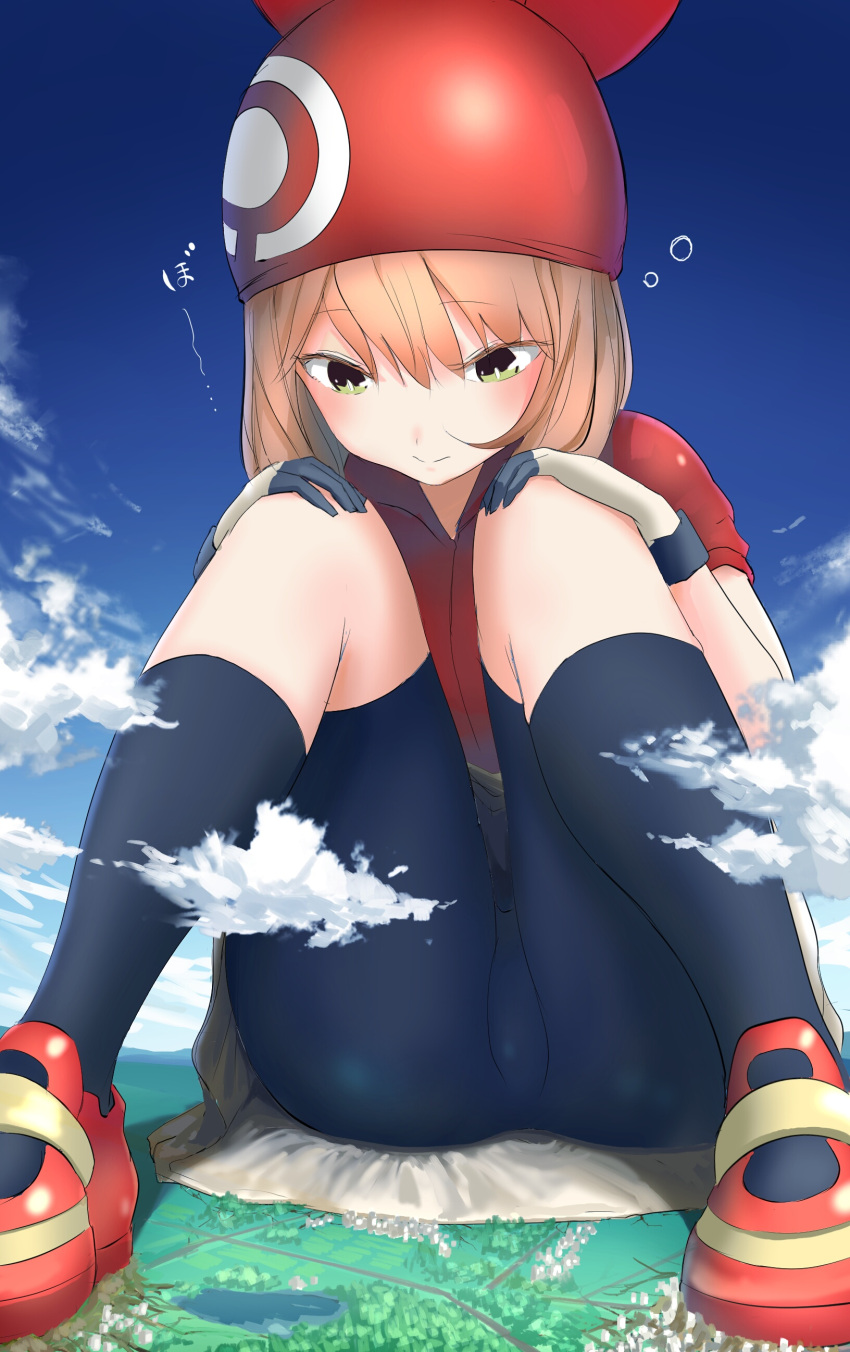 Safebooru - 1girl absurdres bandanna bike shorts black legwear blue sky brown hair clouds ...