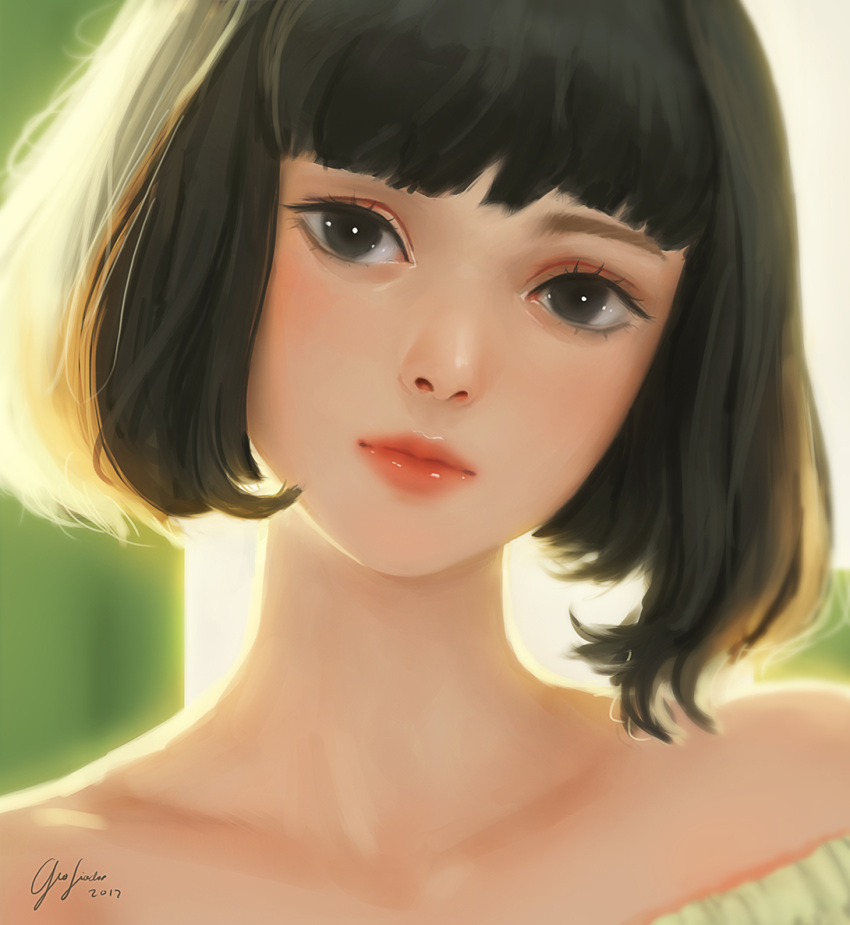 Safebooru 1girl Artist Name Backlighting Bare Shoulders Black Eyes 4264