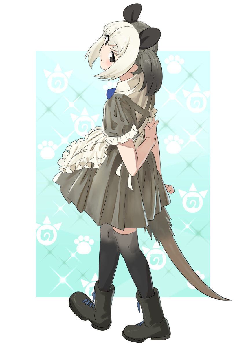 Safebooru - 1girl apron back black eyes boots bow bowtie dress grey ...