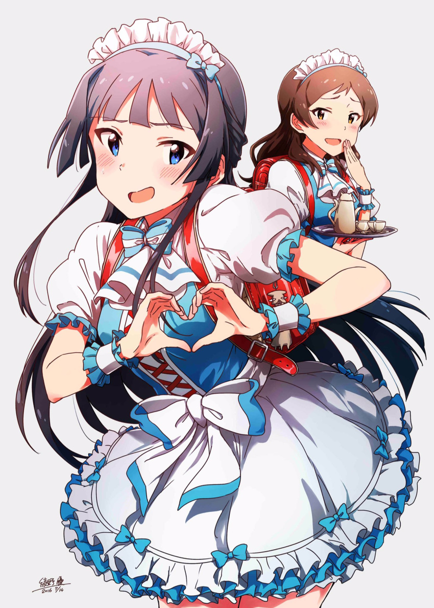 Safebooru - 2girls ayano yuu (sonma 1426) backpack bag black hair blue eyes blush brown eyes ...